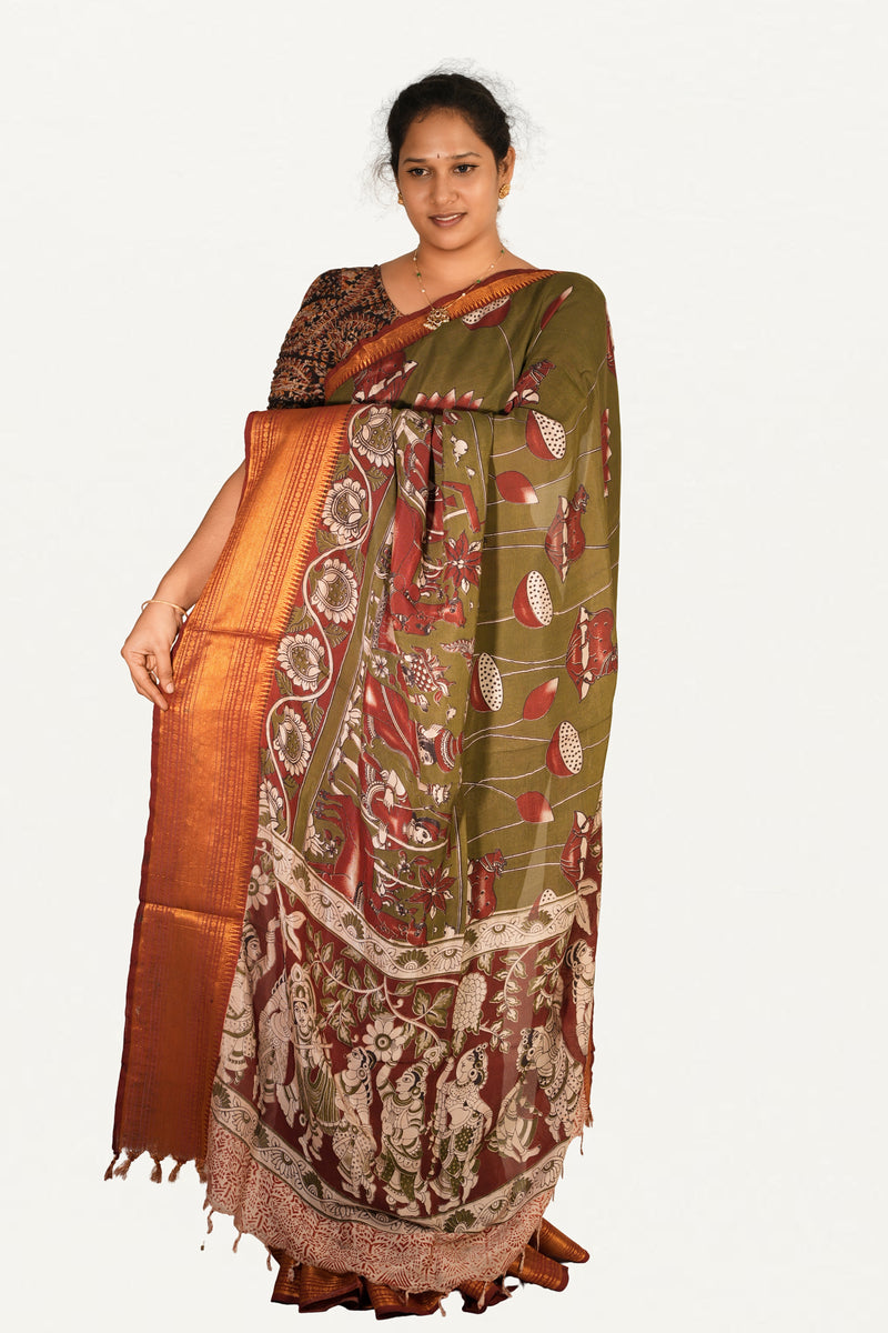KALAMKARI MANGALAGIRI POWERLOOM SAREE – Manav Kalamkari